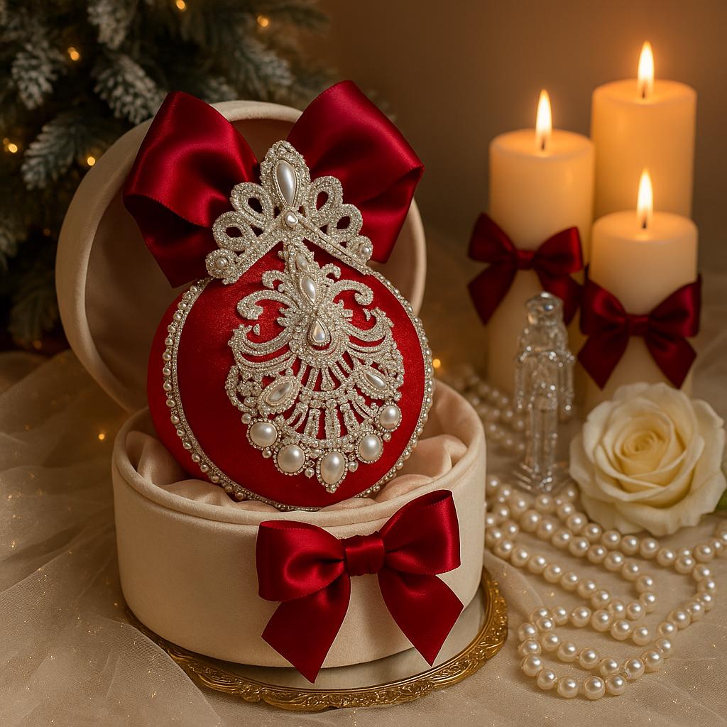 Handmade Red, White & Pearl Christmas Ornament | Velvet Lace Holiday ...